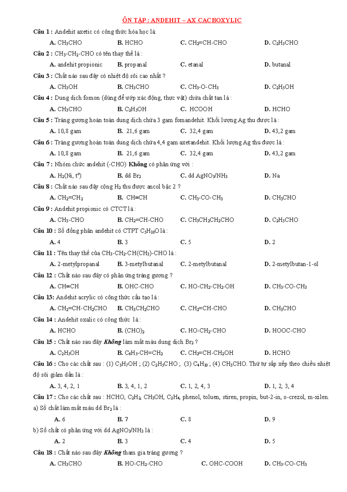 ÔN TẬP Andehit AX Cacboxylic đề - ÔN TẬP : ANDEHIT – AX CACBOXYLIC Câu ...