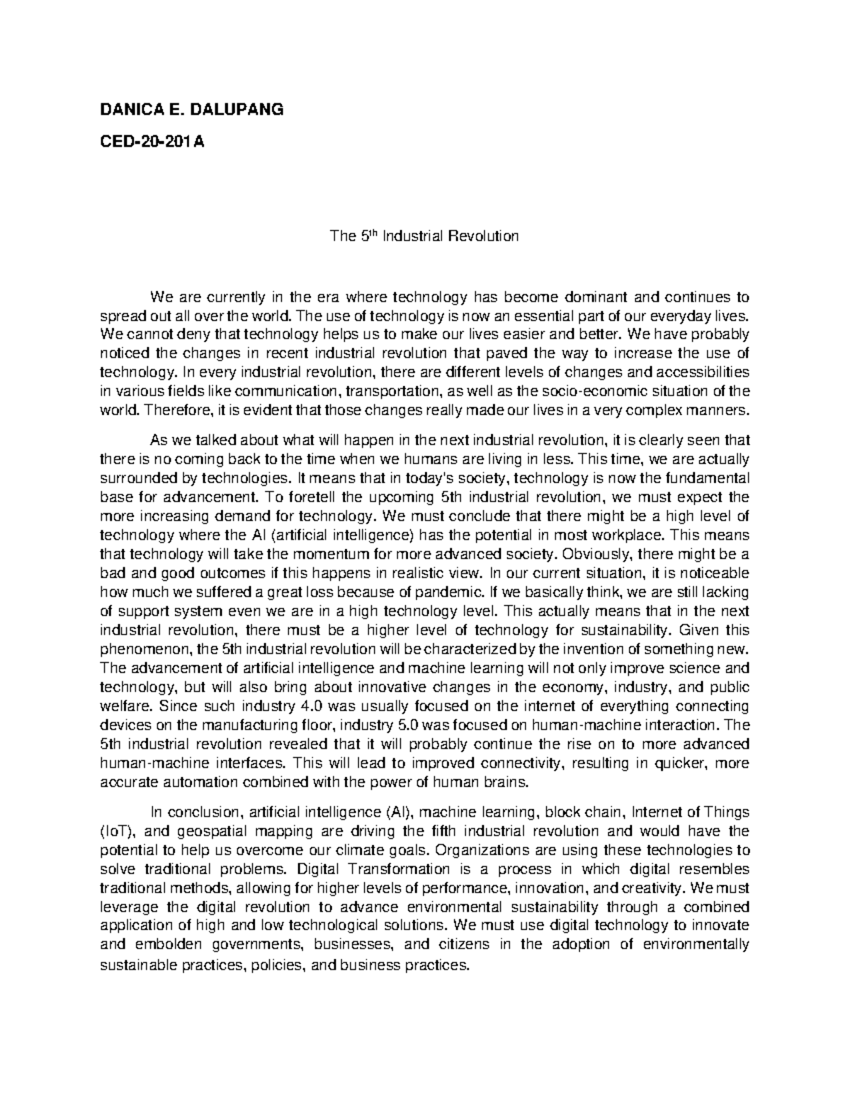 The Fifth Industrial Revolution Essay - DANICA E. DALUPANG CED- 20 ...