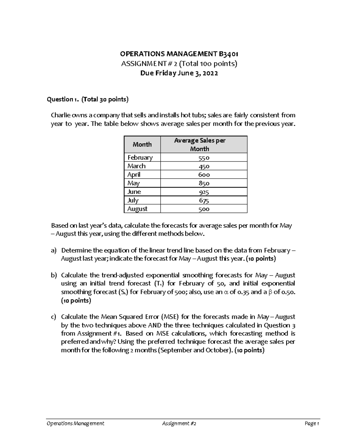 Assign 2 Spring 2022 - Operations Management Assignment #2 Page 1 ...