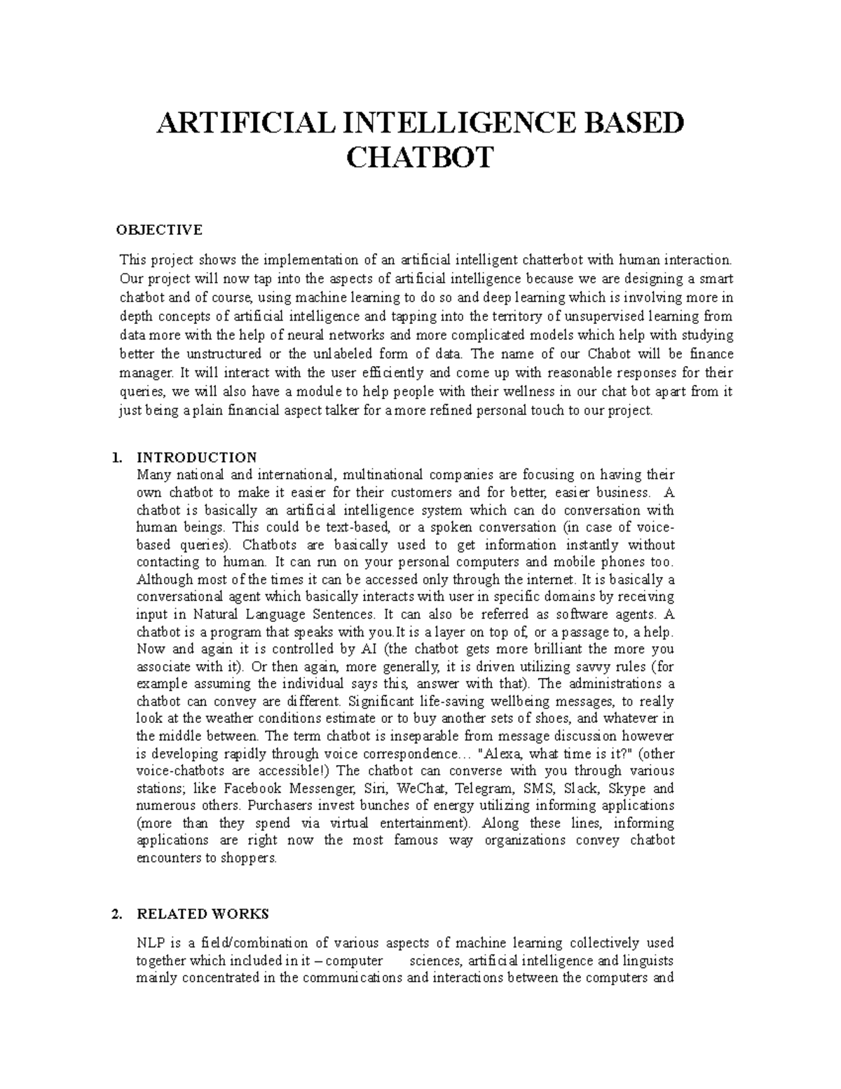 Major Project Report - ARTIFICIAL INTELLIGENCE BASED CHATBOT OBJECTIVE ...
