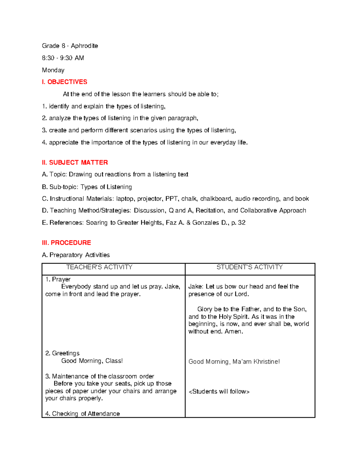Grade 8 (11) - LESSON PLAN SAMPLE - Grade 8 - Aphrodite 8:30 - 9:30 AM ...