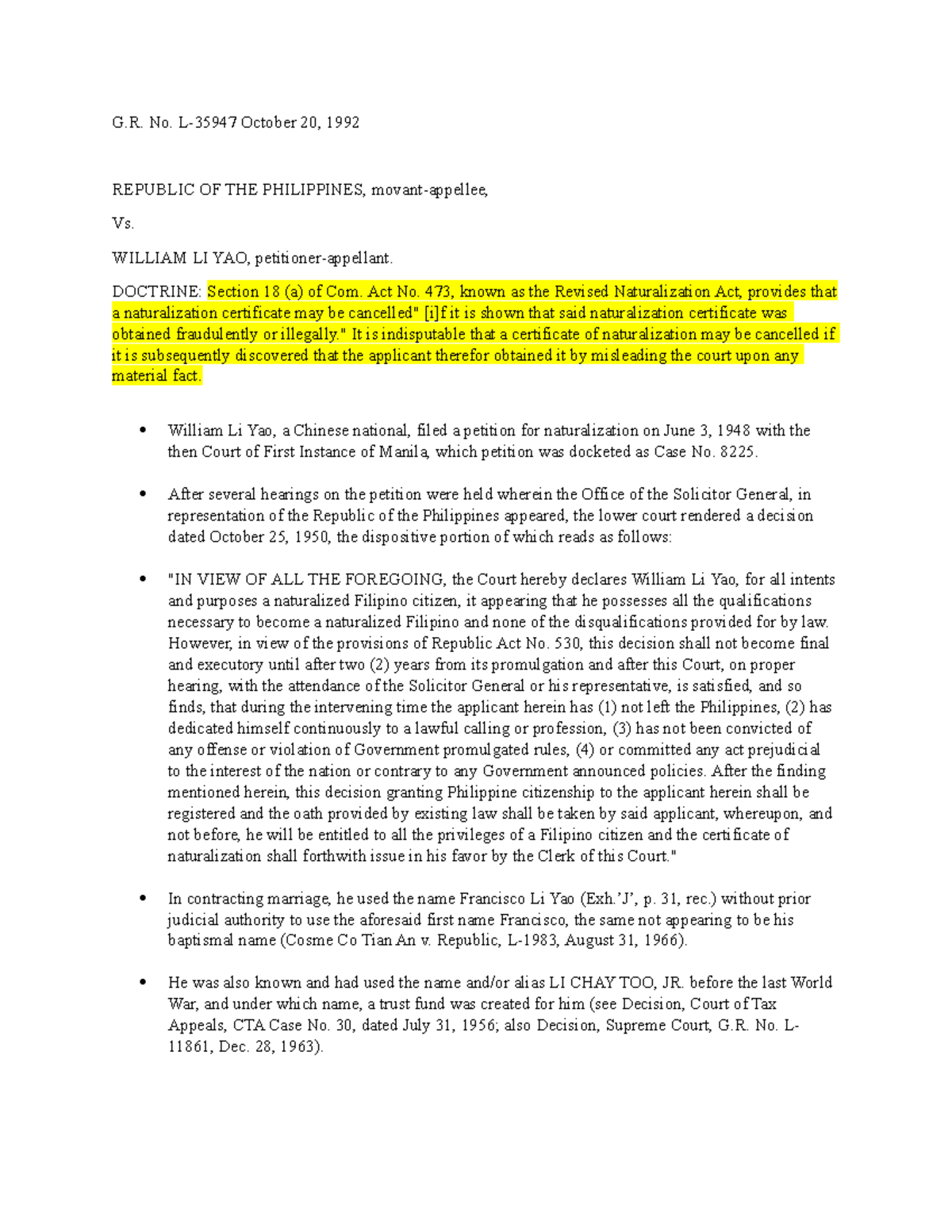 Republic V William LI YAO - G. No. L-35947 October 20, 1992 REPUBLIC OF ...