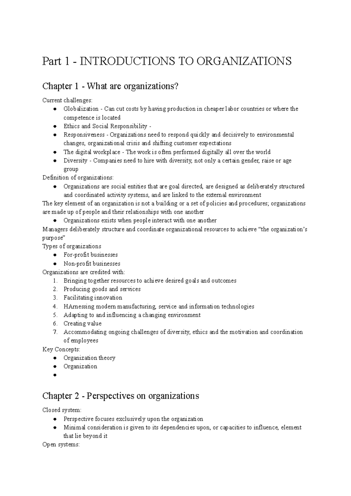 Organization Theory and Design - Summary - Part 1 - INTRODUCTIONS TO ...