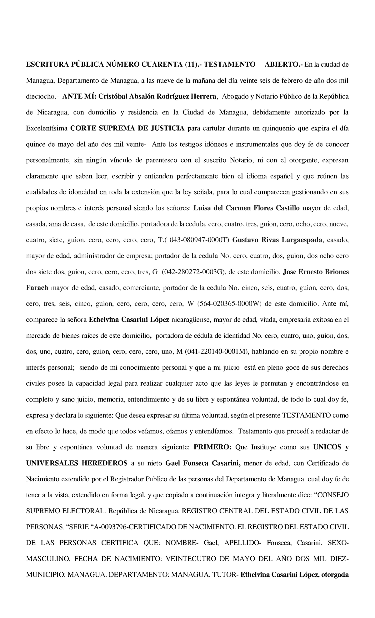Escritura de Testamento Abierto - ESCRITURA PÚBLICA NÚMERO CUARENTA (11 ...
