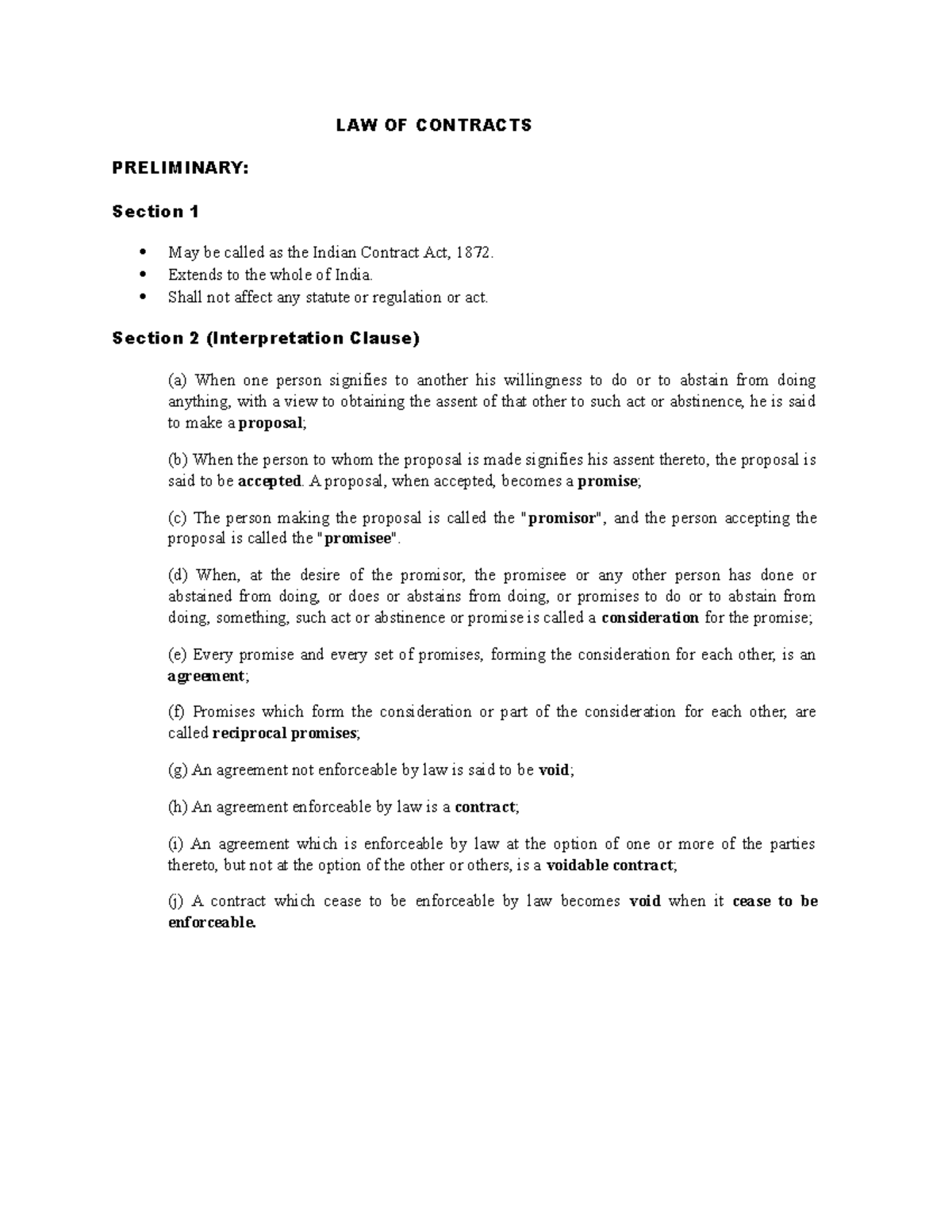 LAW OF Contracts - notes - LAW OF CONTRACTS PRELIMINARY: Section 1 May ...