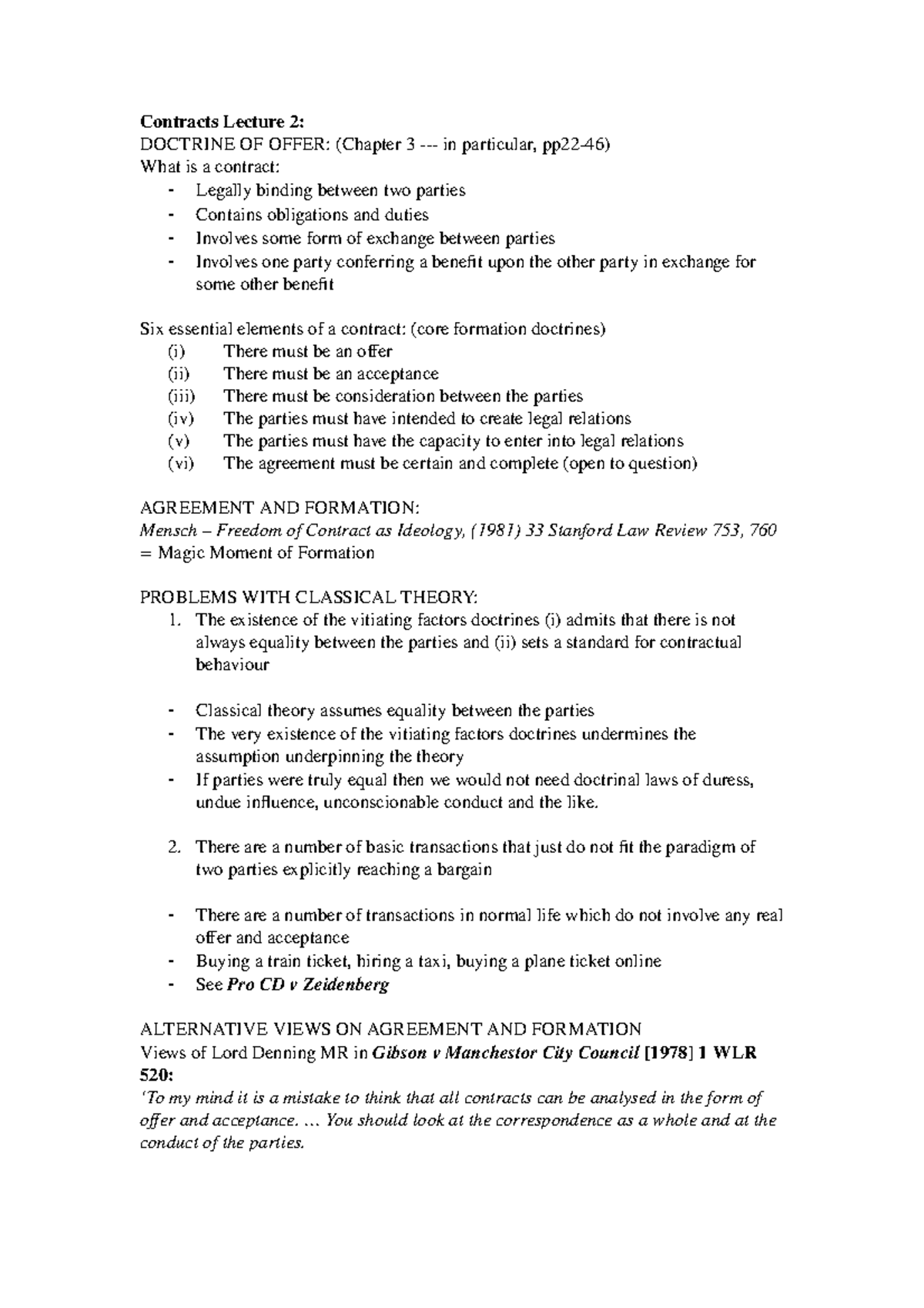 Full Summary Contract Law - Contracts Lecture 2: DOCTRINE OF OFFER ...