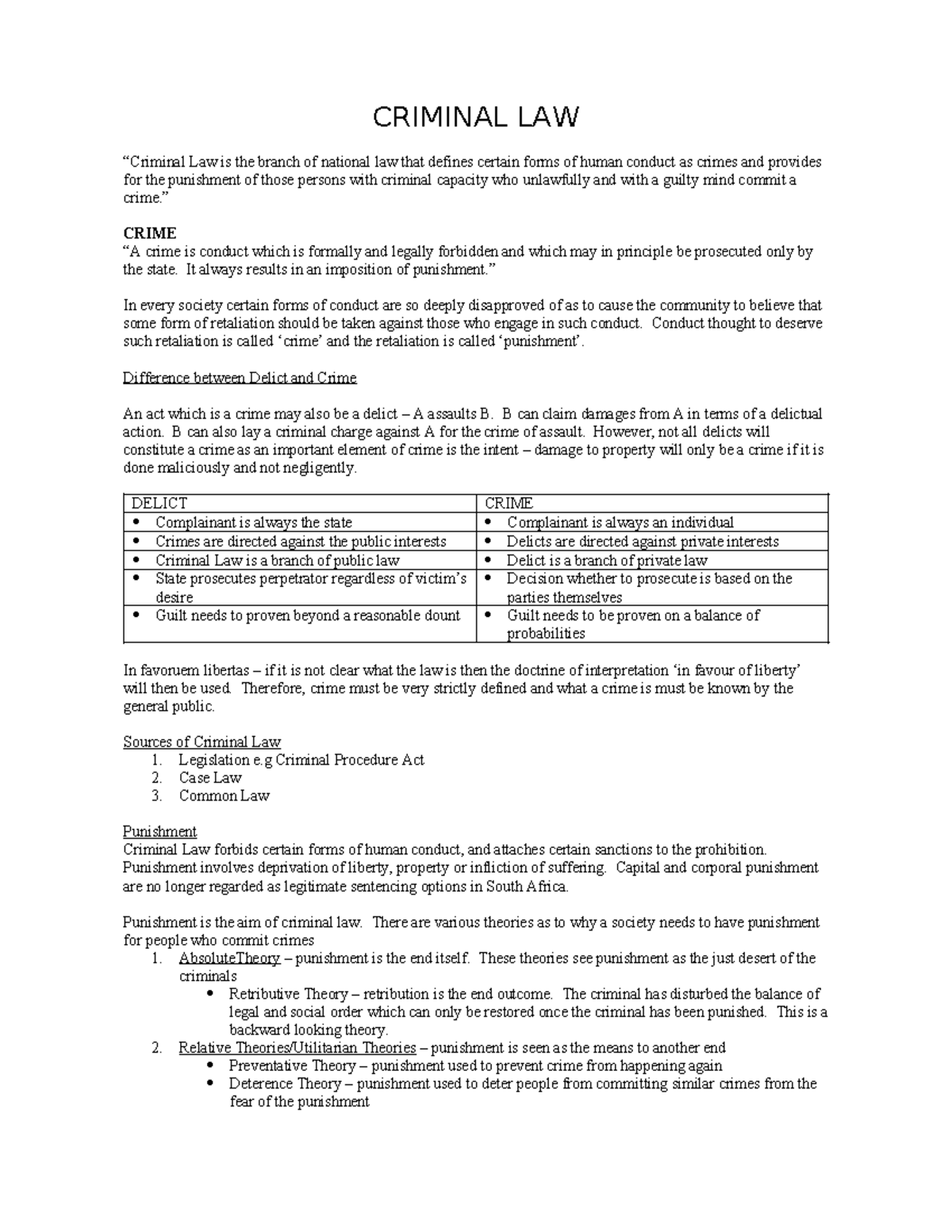 Qiniso criminal law notes - CRIMINAL LAW “Criminal Law is the branch of ...