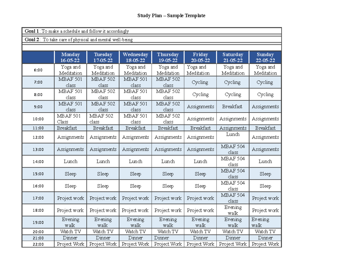 Study Plan of Navneet Kaur - Study Plan – Sample Template Goal 1 : To ...