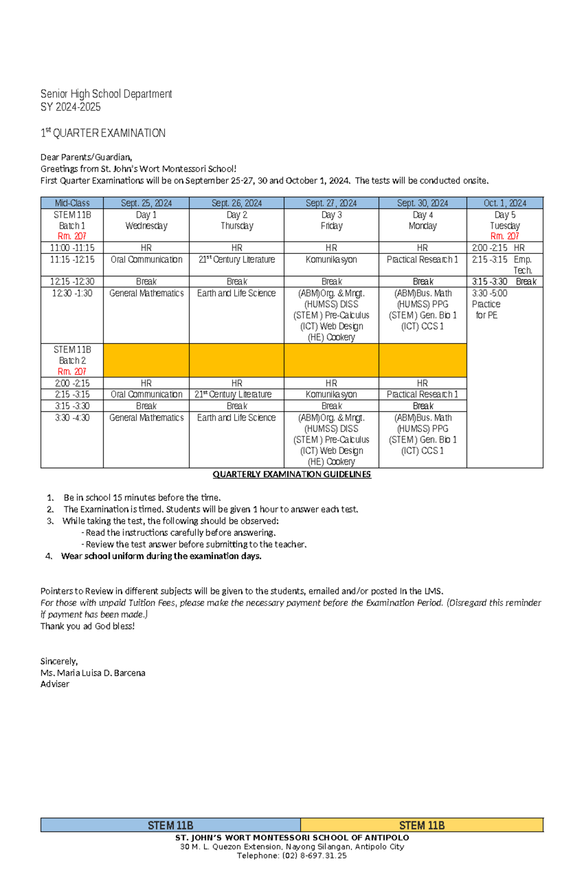 Exam letter STEM 11B 1 - NONE - Senior High School Department SY 2024- 1 st QUARTER EXAMINATION ...