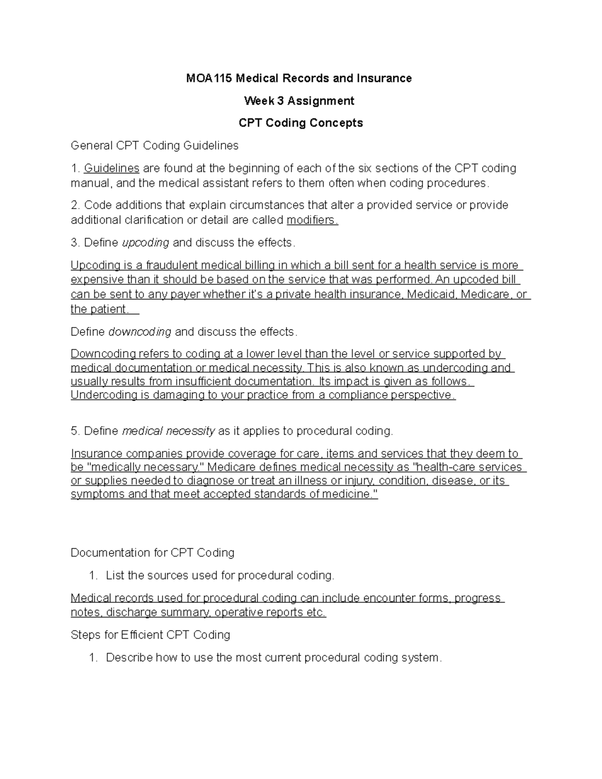 MOA115+Week+3+Assignment - MOA115 Medical Records and Insurance Week 3 Assignment CPT Coding ...