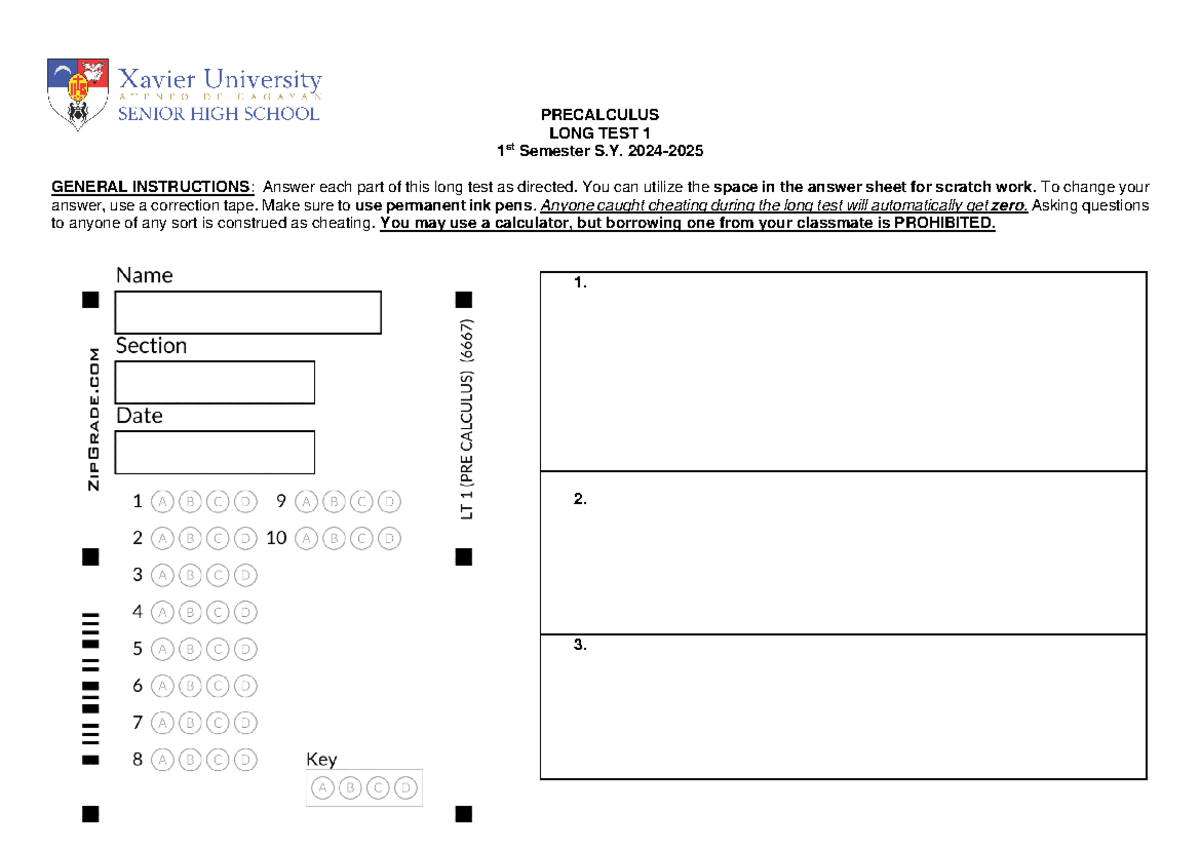 LT-1-Precal- Answer- Sheet (1) - PRECALCULUS LONG TEST 1 1 st Semester ...