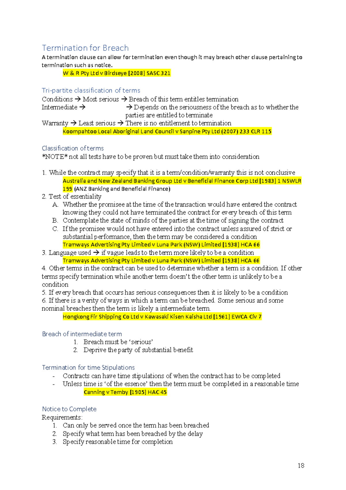 Exam - Revision Notes Termination of Contract - 18 Termination for ...