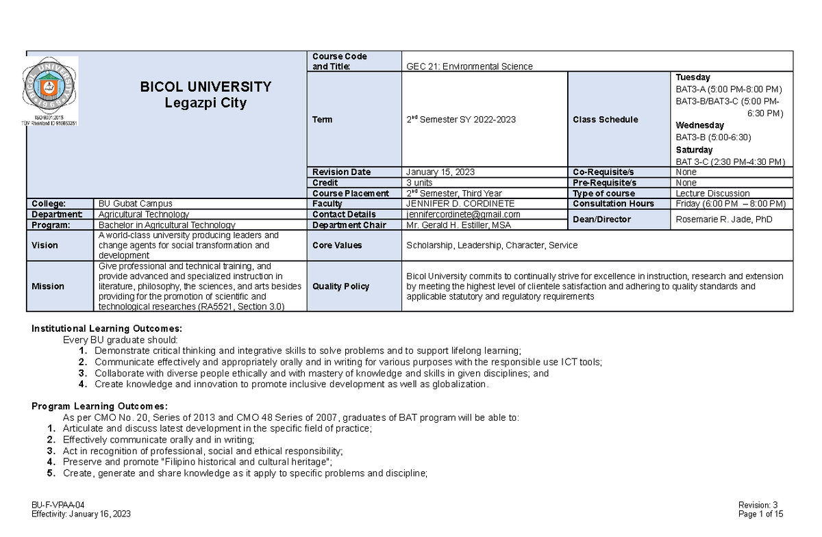 Environmental Science Cource syllabus Jennifer Cordinete - BICOL UNIVERSITY Legazpi City Course ...