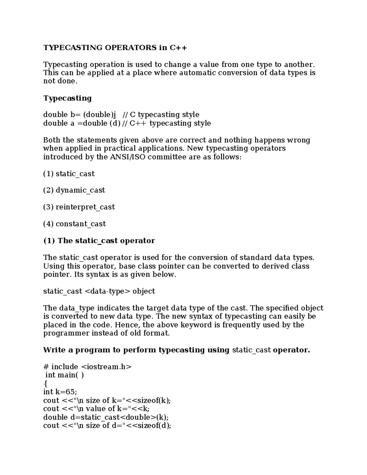 Typecasting Operators In C Typecasting Operators In C Typecasting Operation Is Used To