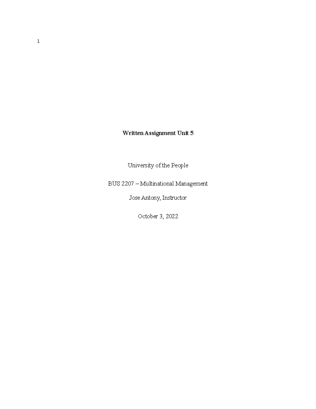 Written Assignment UNIT 5 Mangement - Written Assignment Unit 5 University of the People BUS ...