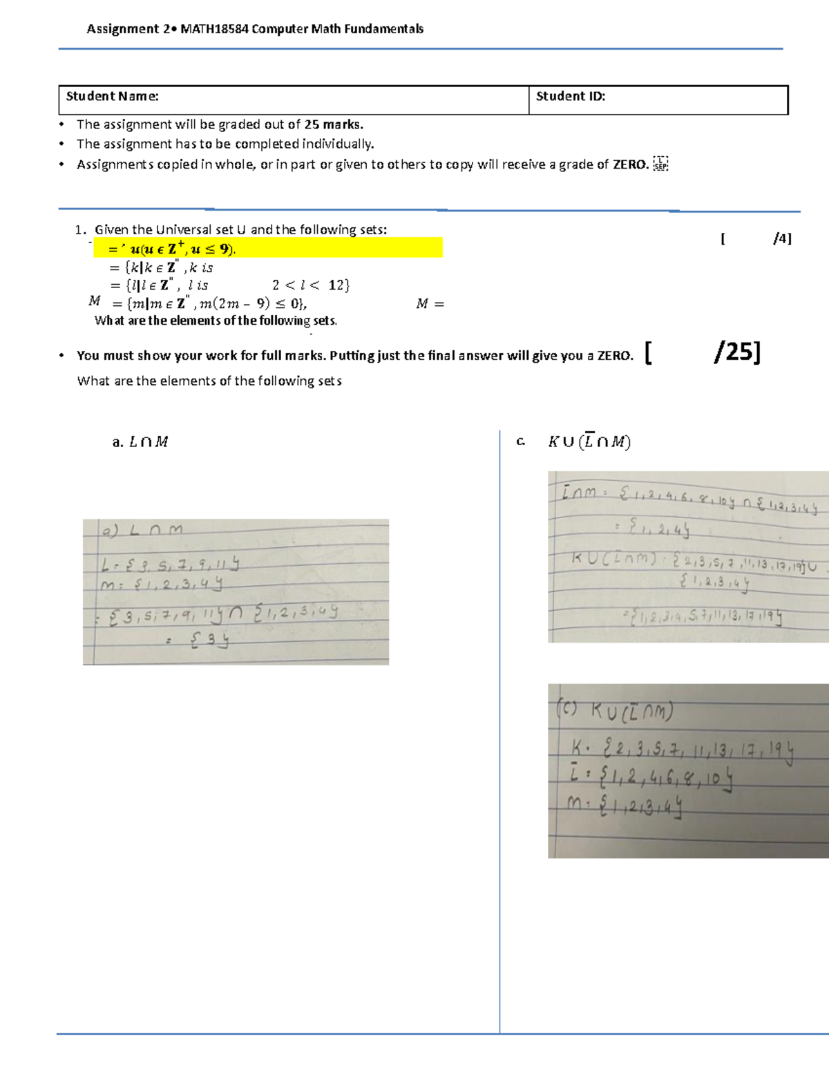 M2-MATH18584 Assignment 2 - Student Name: Student ID: The assignment will be graded out of 25 ...