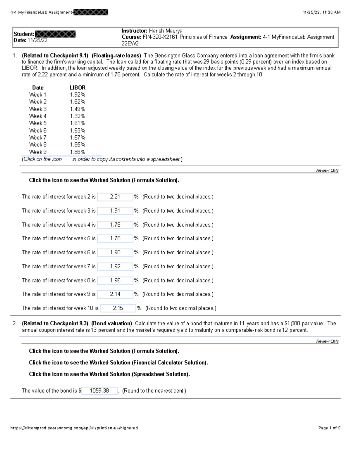 4-1 My Finance Lab Assignment - 1. 2. Student: Date: 11/25/ Instructor ...