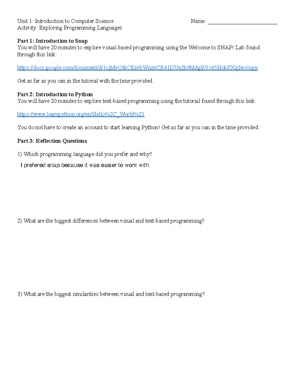 Classwork 1-9-24 - Unit 1: Introduction to Computer Science Name ...