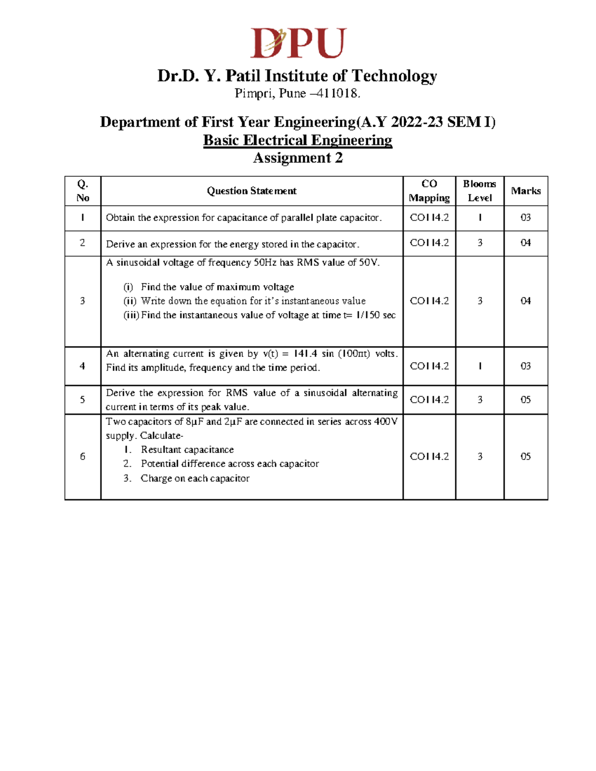BEE-Assignment 2 - Okhshsbs - Dr. Y. Patil Institute of Technology ...