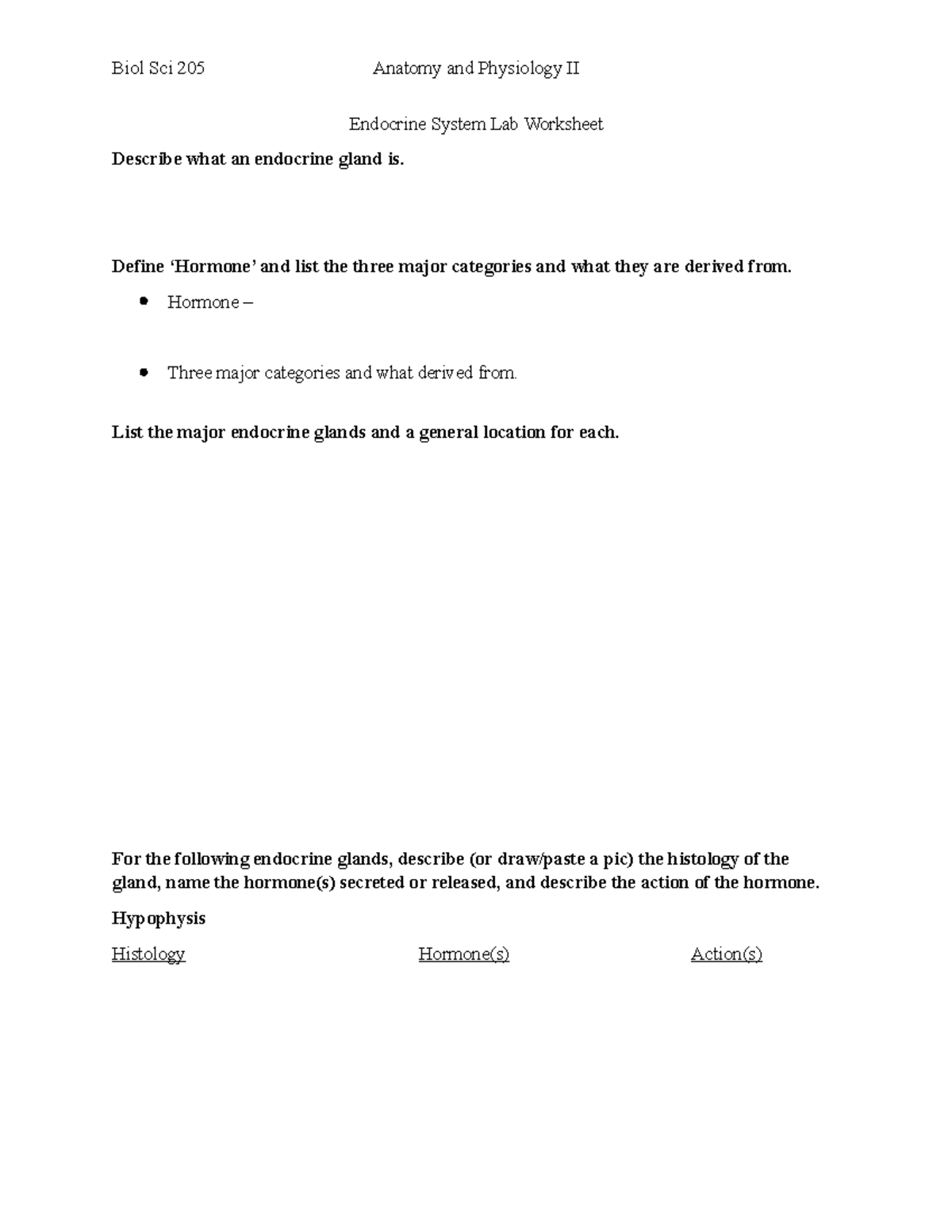 Endocrine System Lab Worksheet - Biol Sci 205 Anatomy and Physiology II ...