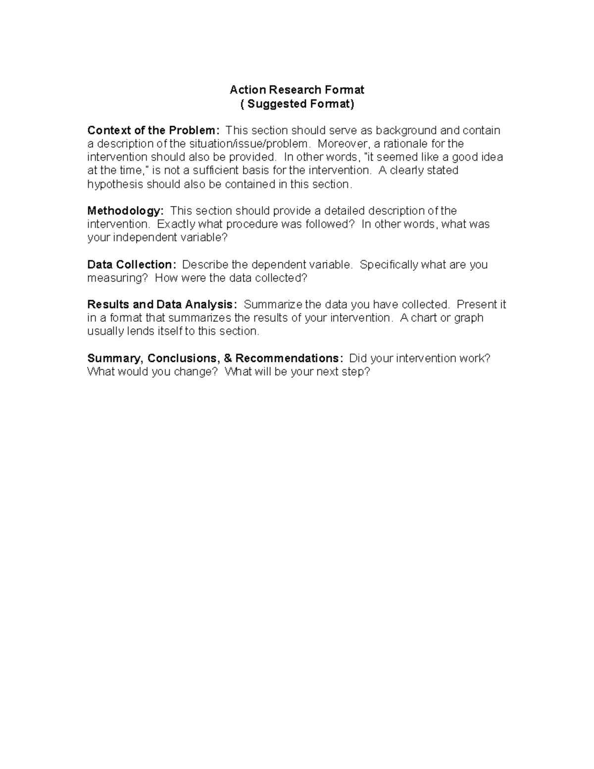 Action Research Format Suggested Format - Action Research Format ...