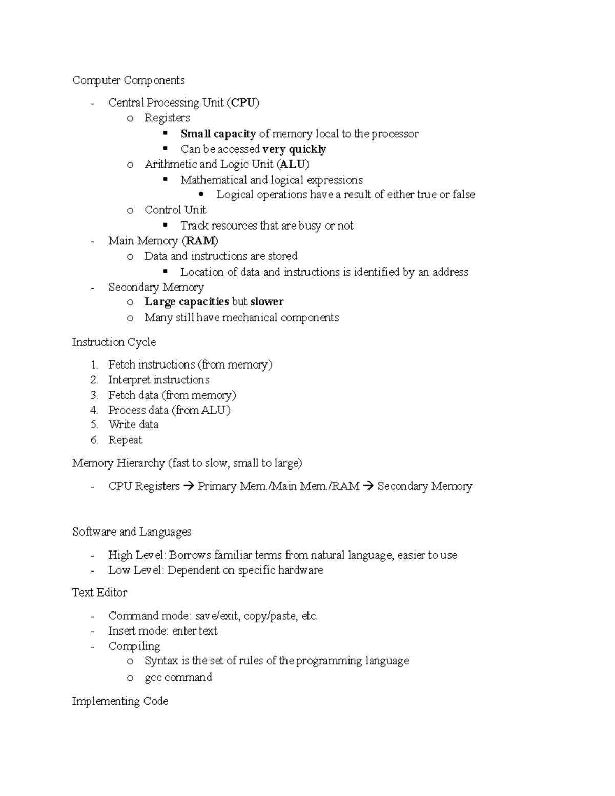 CS159 Ch1 Notes - Computer Components Central Processing Unit ( CPU ) o ...