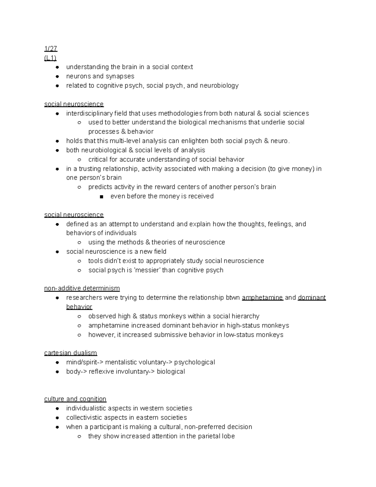 L1-2 - Lecture notes 1, 2 - 1/ (L1) understanding the brain in a social ...