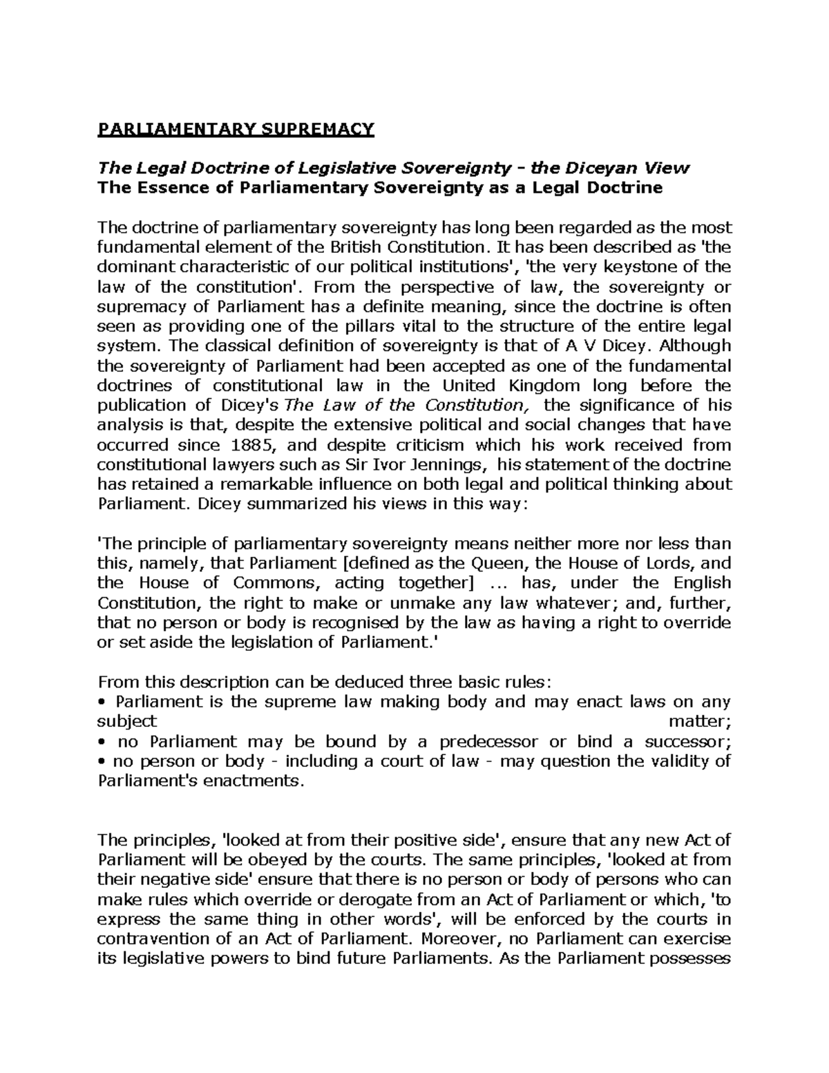 Parliamentary Supremacy - PARLIAMENTARY SUPREMACY The Legal Doctrine of ...