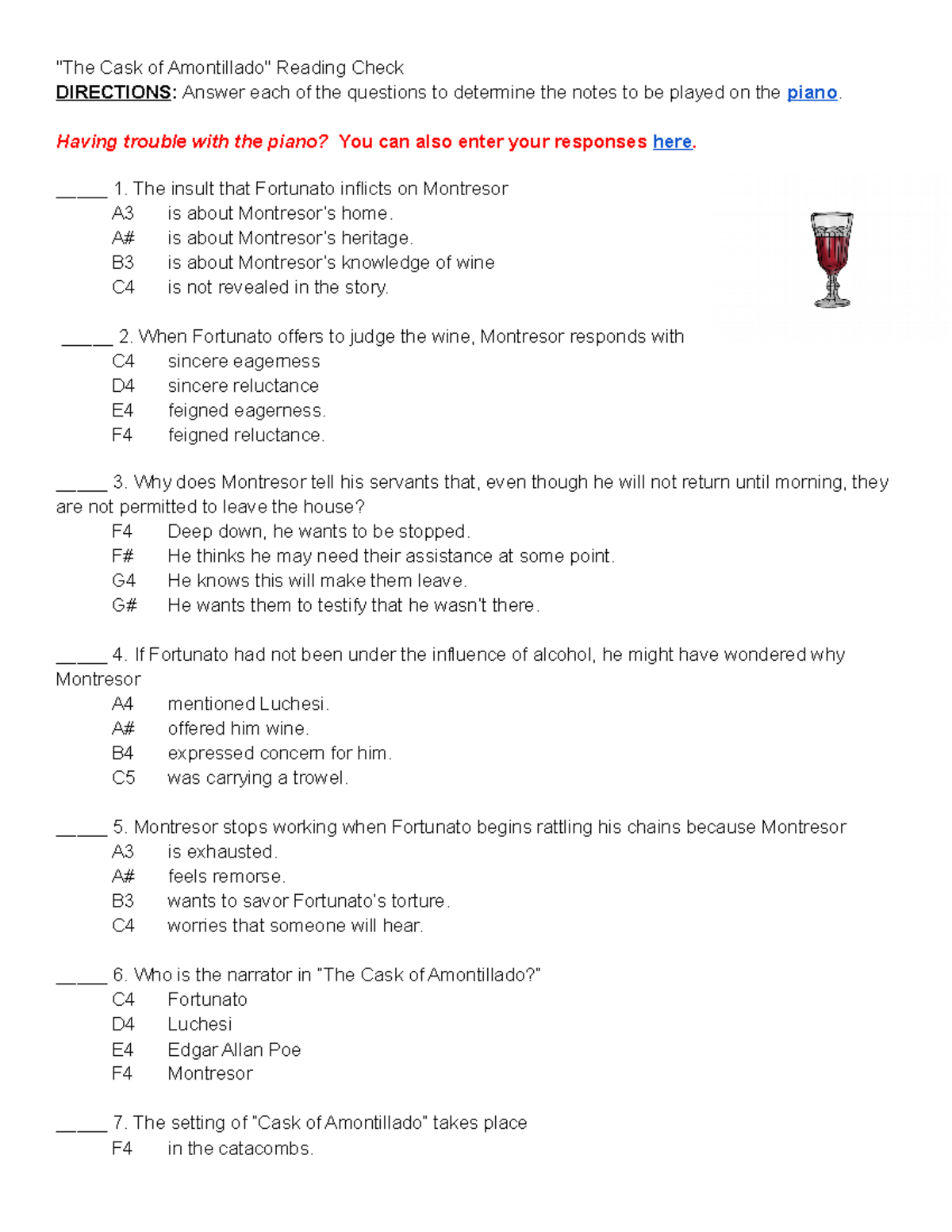 Copy of The Cask of Amontillado Reading Check - "The Cask of ...