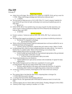 Fin 329 Cheat Sheet 1 - Direct vs Indirect quotes Direct = 1 FC = X HC ...