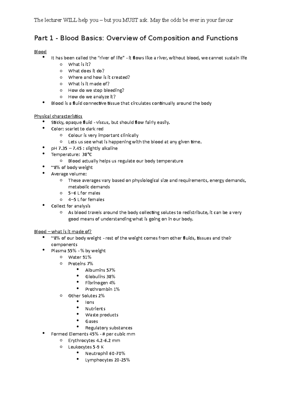 Week 3 - Blood - Lecture notes only Not Lectorials - Part 1 - Blood ...