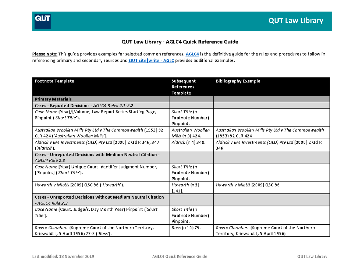 AGLC4-quickguide - Guide for citations. - QUT Law Library - AGLC4 Quick ...