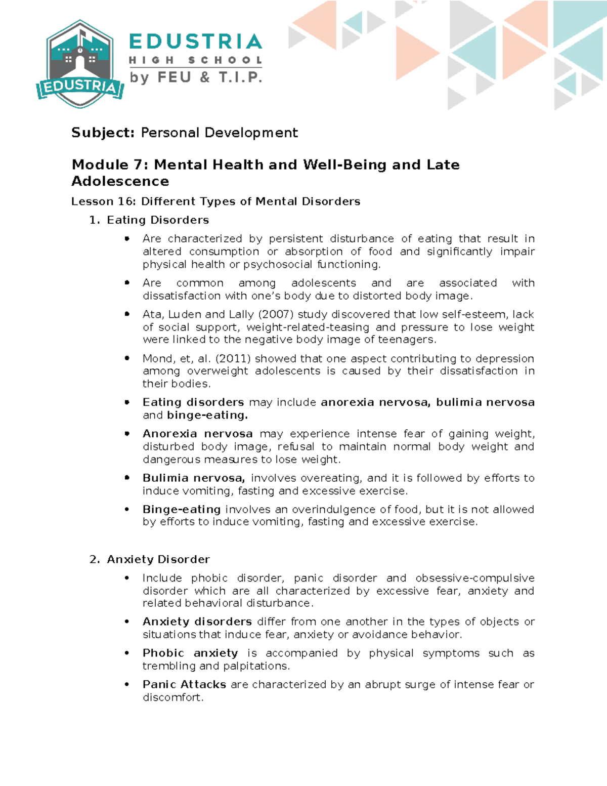 mental disorders - Subject: Personal Development Module 7: Mental ...