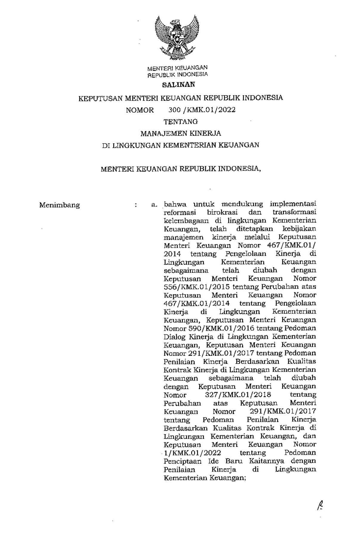 KMK No. 300 Tahun 2022 tentang Manajemen Kinerja di Lingkungan Kementerian Keuangan - - Studocu