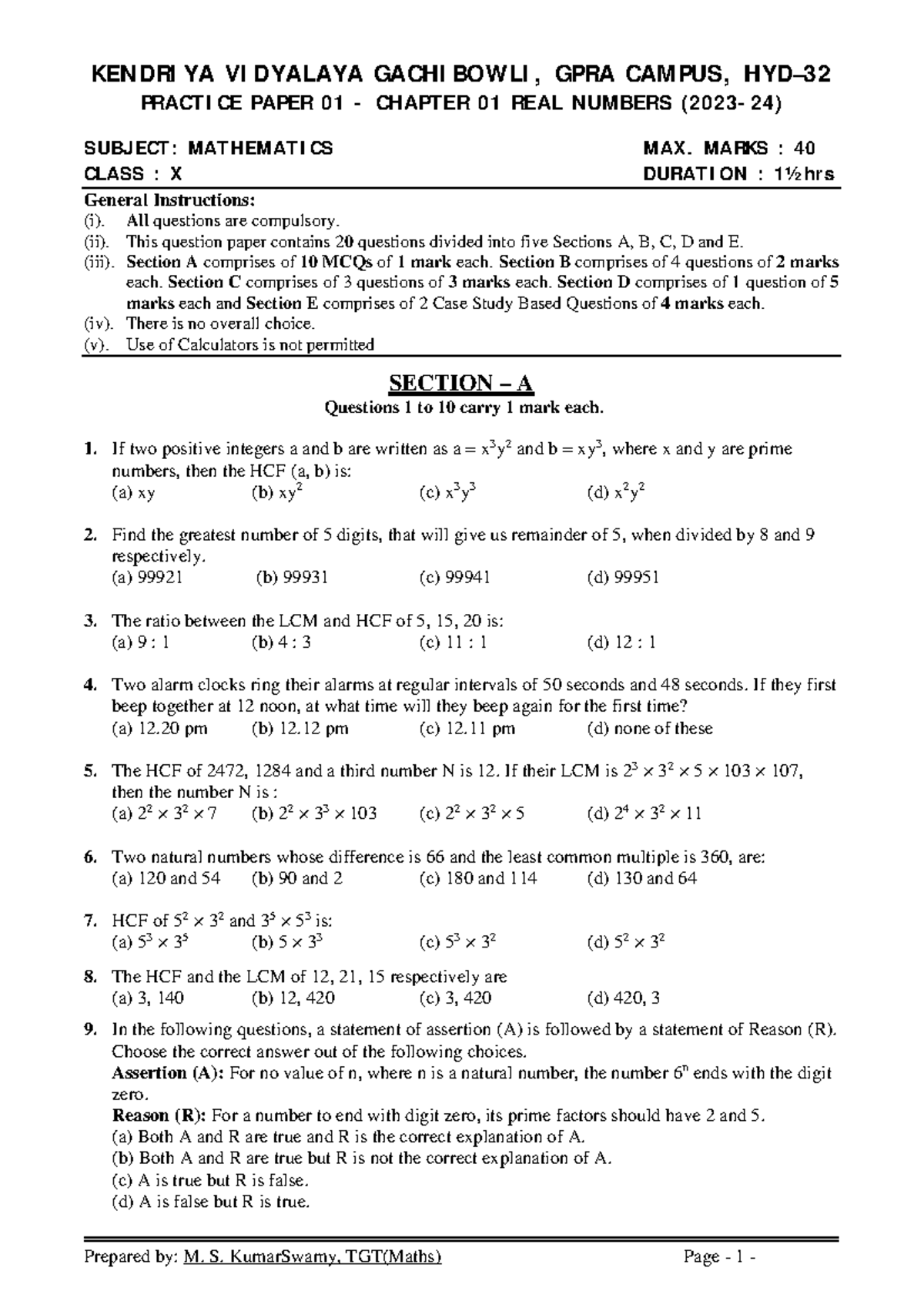 Maths class x chapter 01 real numbers practice paper 01 - Prepared by ...