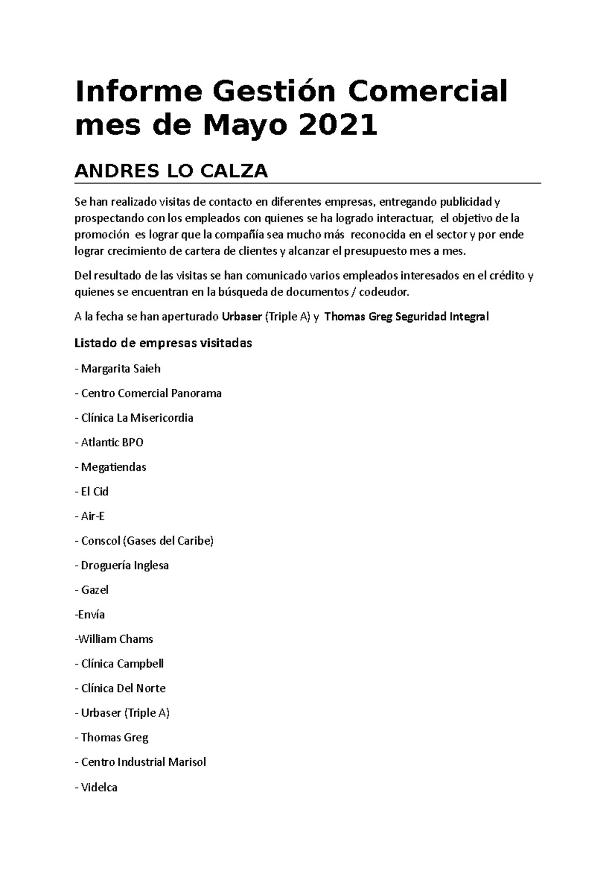 Informe Gestión Comercial mes de Mayo 2021 - Informe Gestión Comercial ...