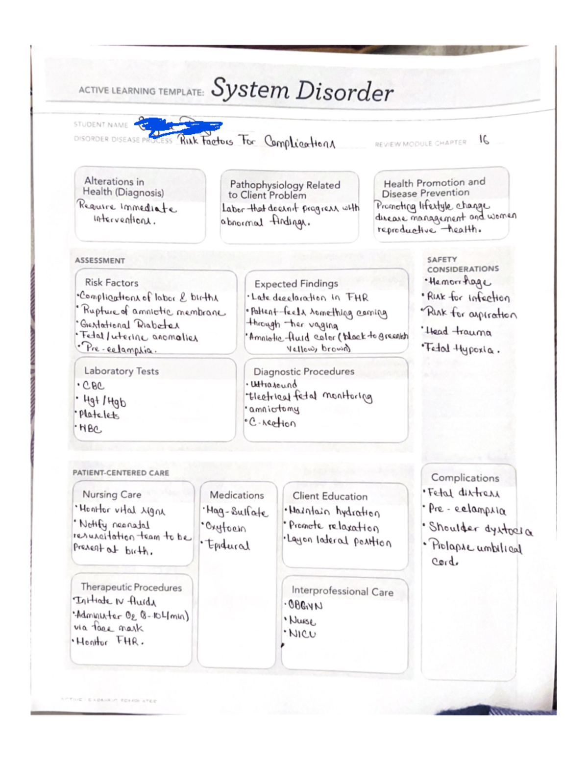Risk Factors for Complications System Disorder - NUR 410 - Studocu