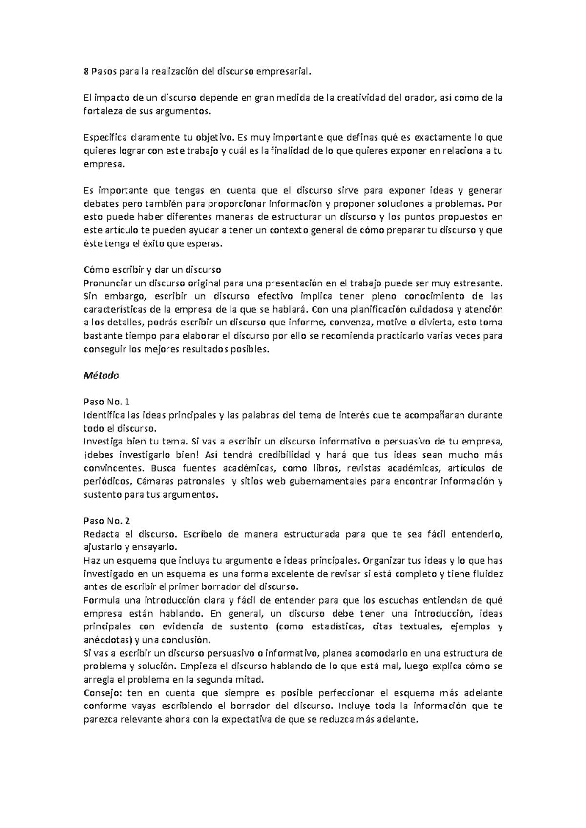 8 pasos para un discurso empresarial - 8 Pasos para la realización del ...