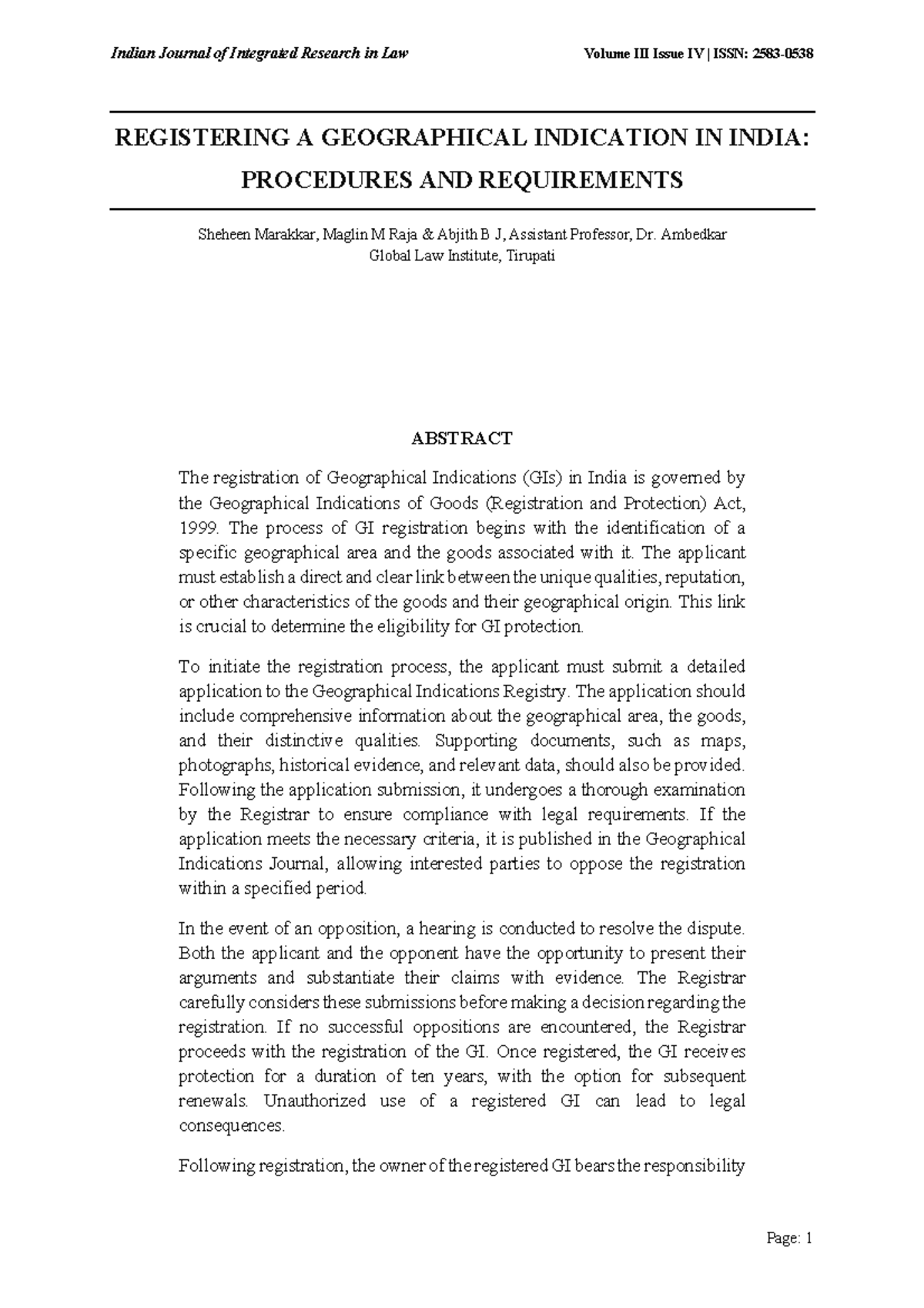 Registering A Geographical Indication IN India Procedures AND ...