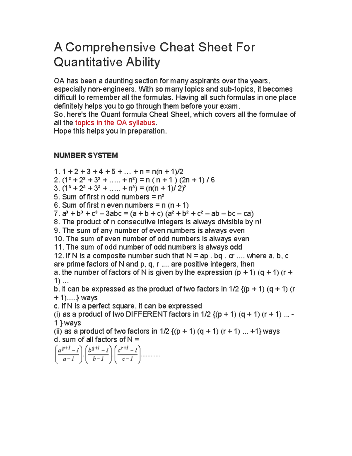 Quant Cheatsheet - A Comprehensive Cheat Sheet For Quantitative Ability ...