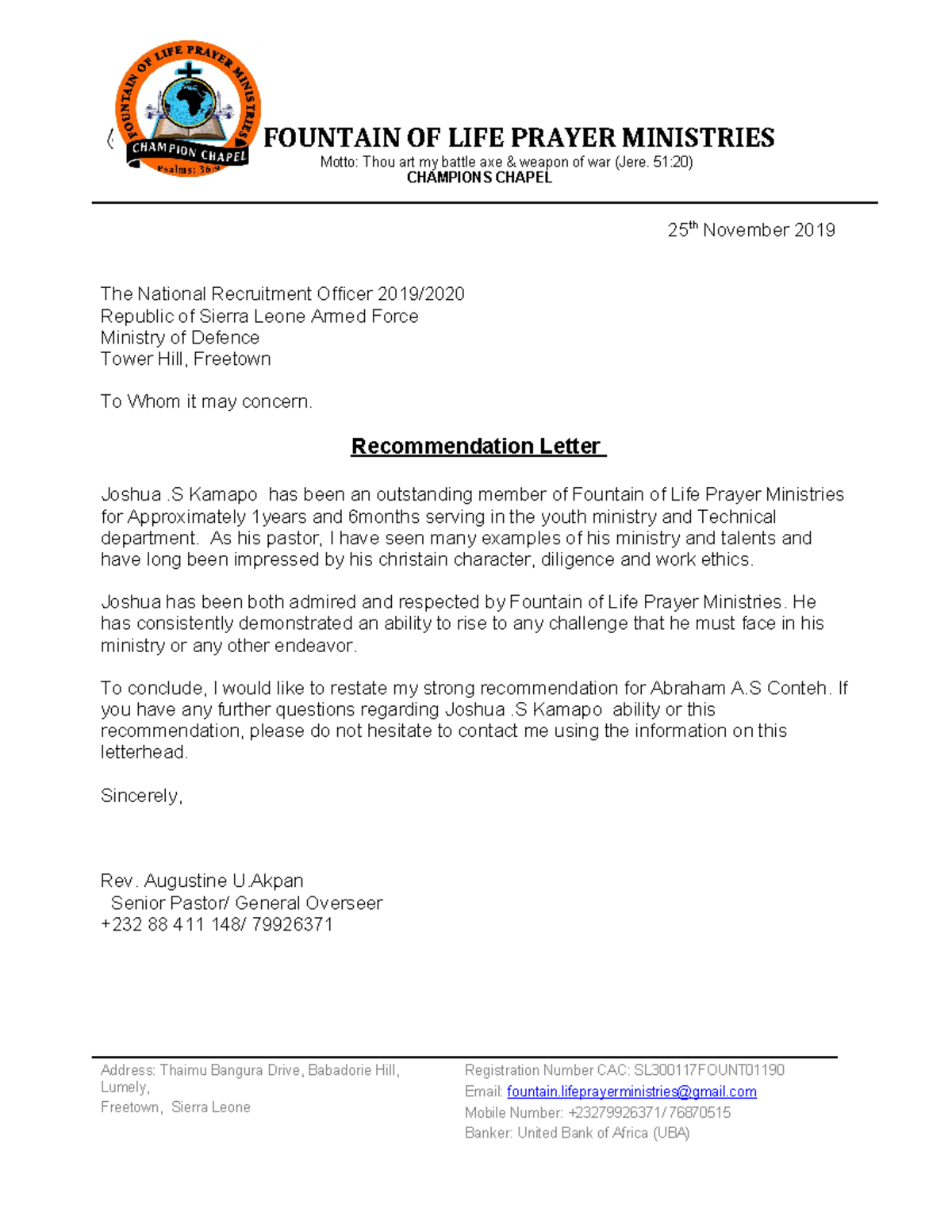 Letter of recommedation SLAF - FOUNTAIN OF LIFE PRAYER MINISTRIES Motto ...
