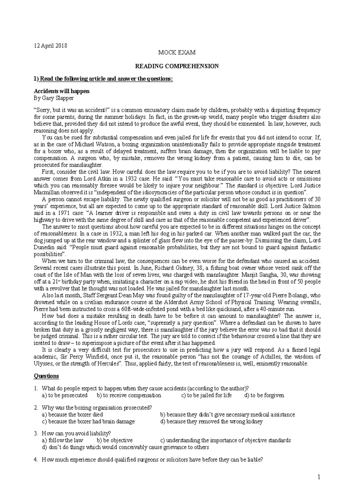 Reading comprehension. Esercizi di lettura e comprensione - 1 12 April ...