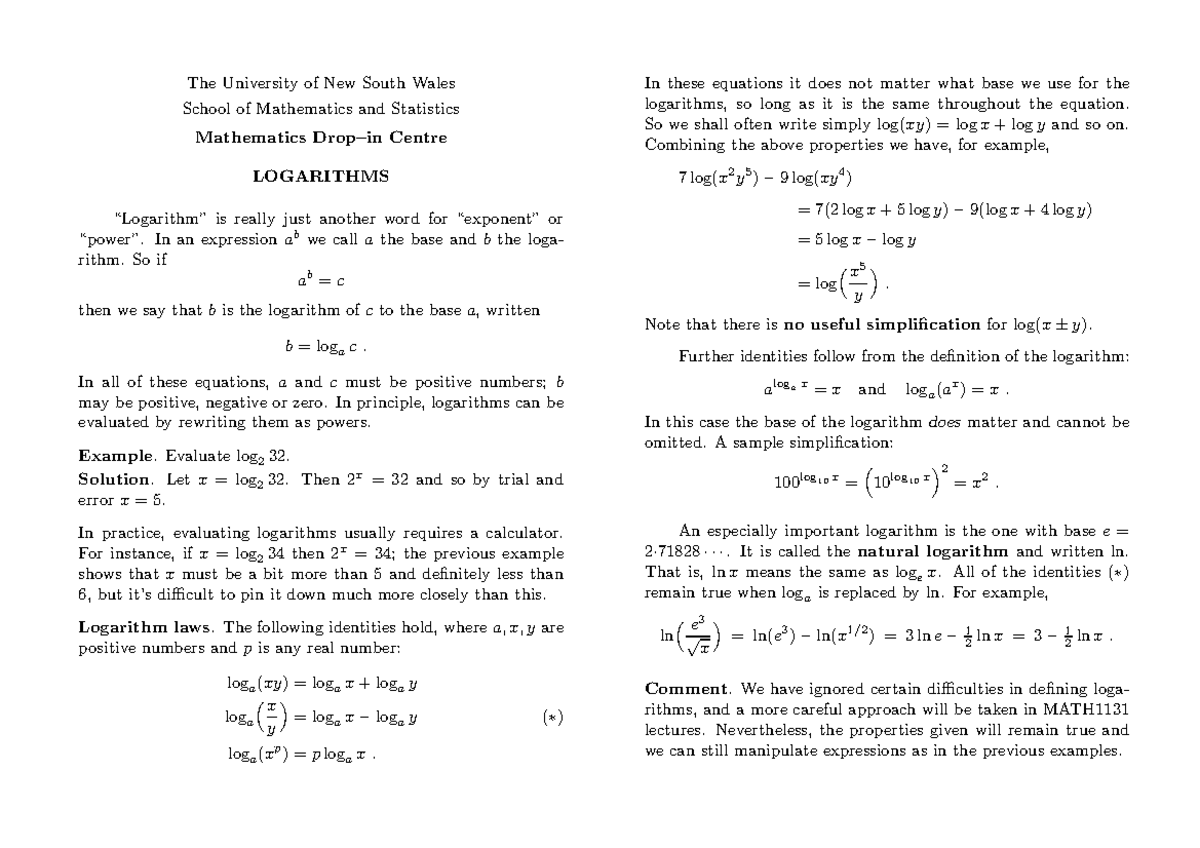 Logarithms revision sheet - The University of New South Wales School of ...