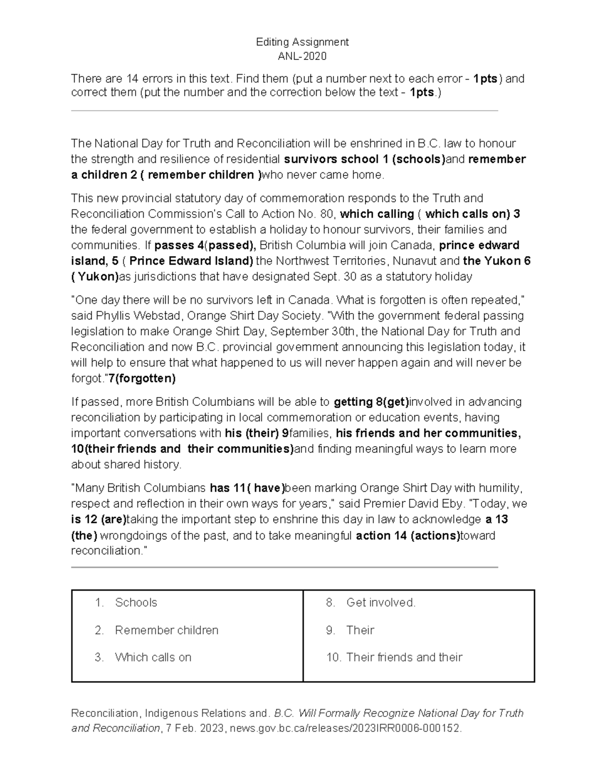 Editing Assignment - 2020: Find and Correct Errors - Editing Assignment ...