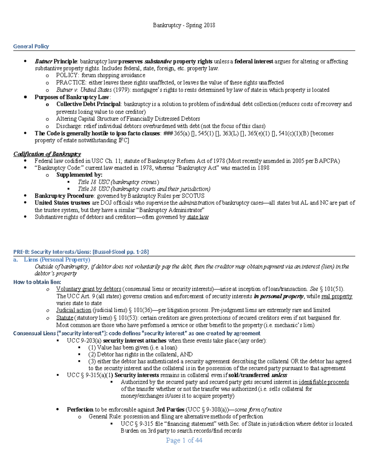 Outline Exam Prep - Bankruptcy - Spring 2018 General Policy Butner ...