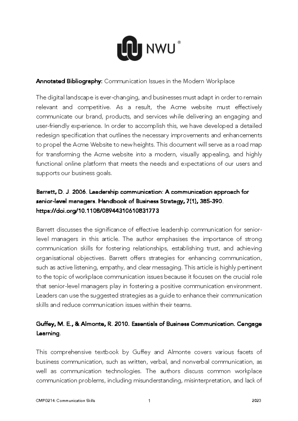 CMPG214 Task 1 - Examples - Annotated Bibliography: Communication ...