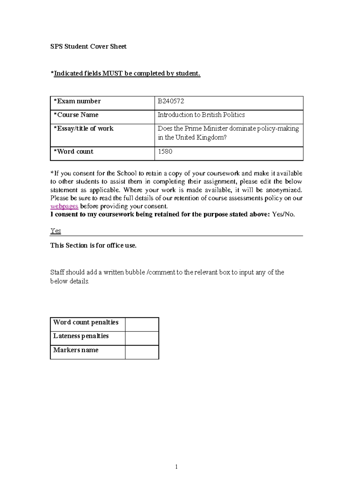 S2605220 - Introduction to British Politics (Essay) - SPS Student Cover ...