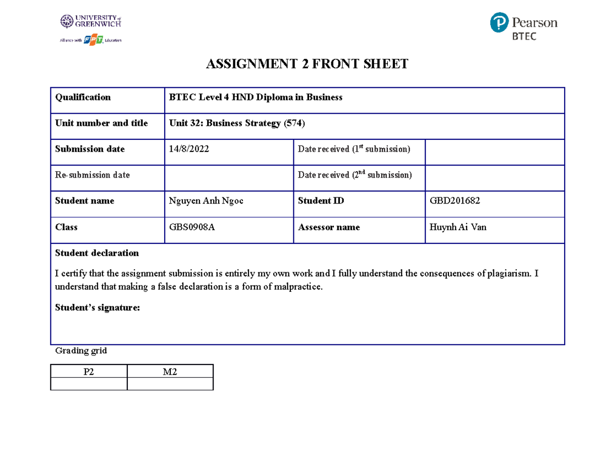 Unit 32 574 AS1 new frontsheet FLM - ASSIGNMENT 2 FRONT SHEET Qualification BTEC Level 4 HND ...