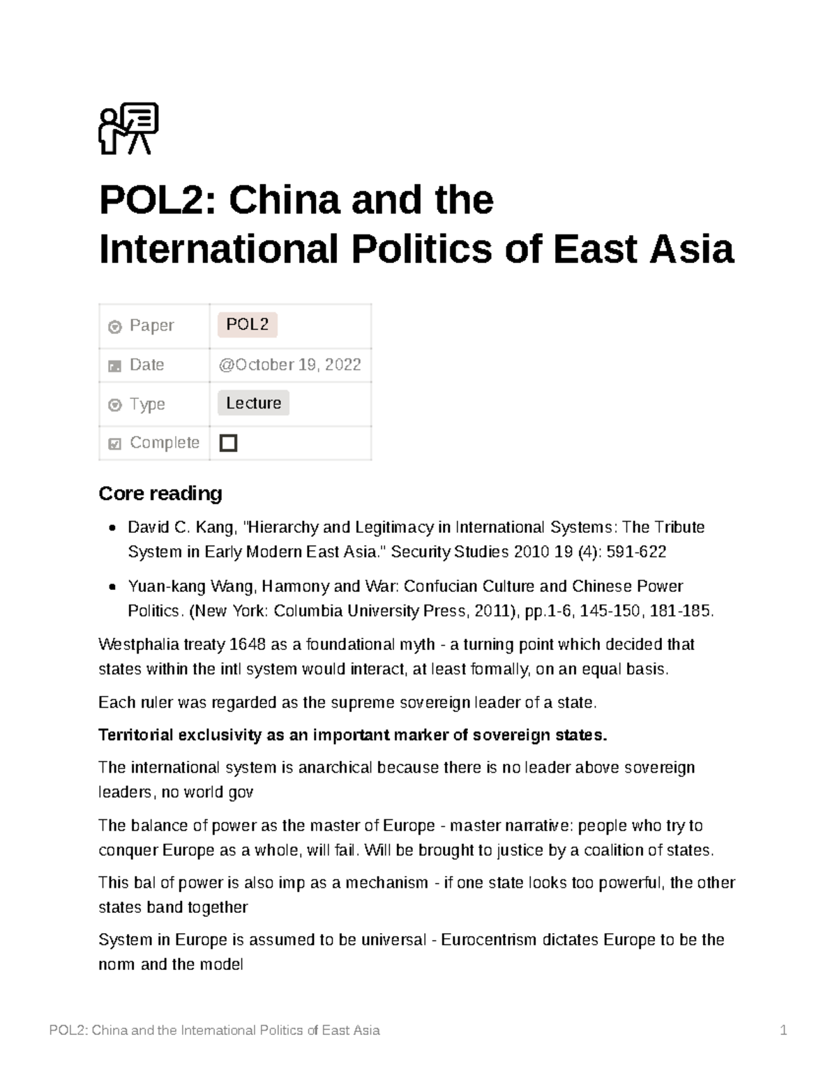 China and the International Politics of East Asia - POL2: China and the ...