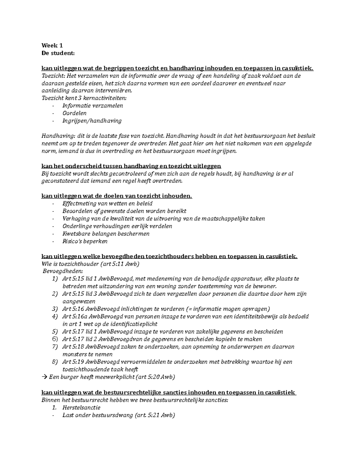 Leerdoelen Handhaving - Week 1 De student: kan uitleggen wat de ...